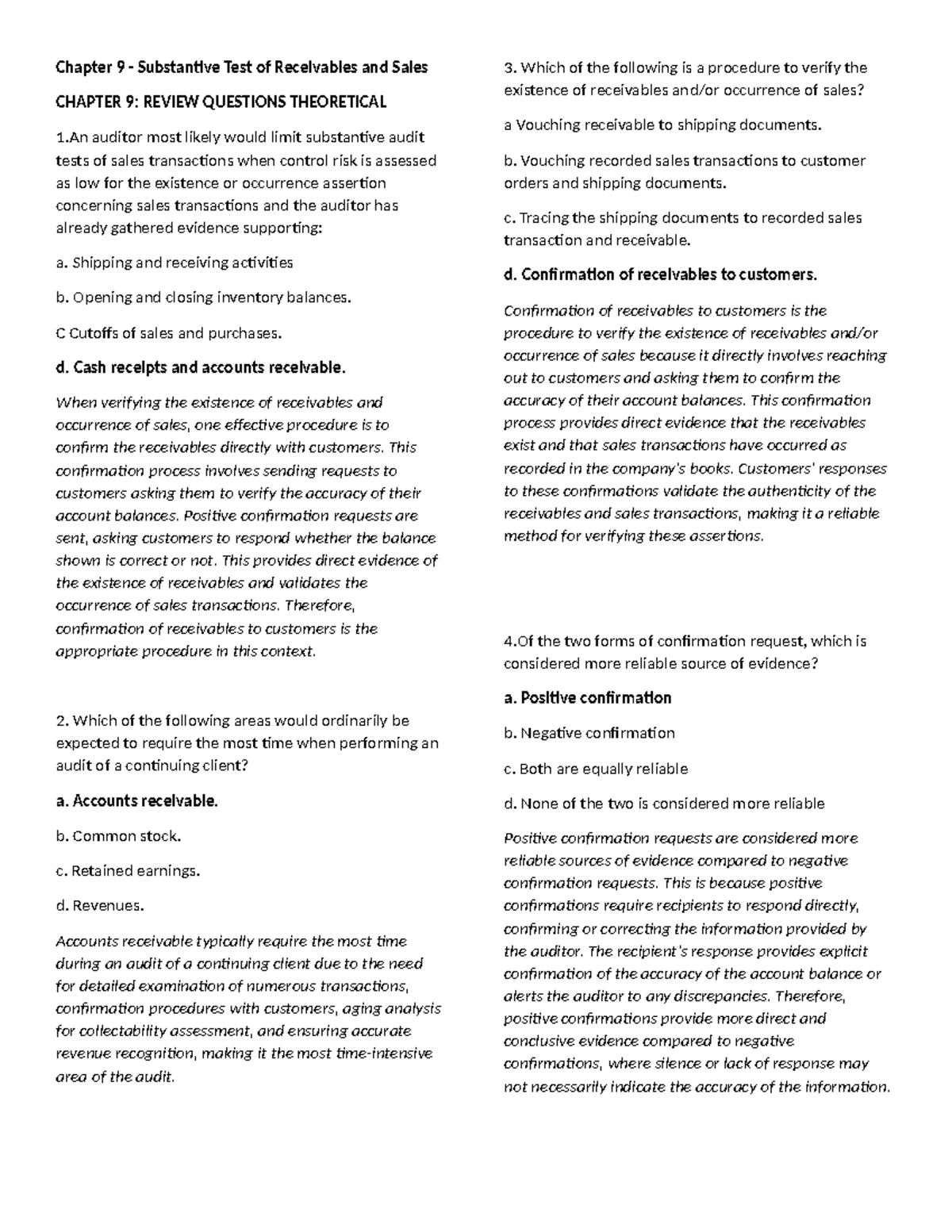 Chapter 9: Substantive Testing of Receivables & Sales Concepts - Studocu