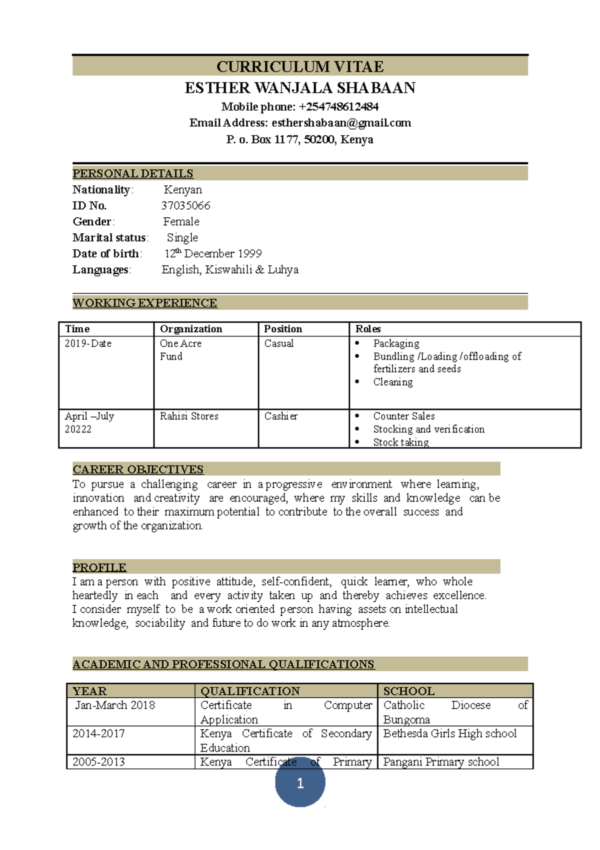 CV of Esther Wanjala Shabaan - Sample Document - Studocu