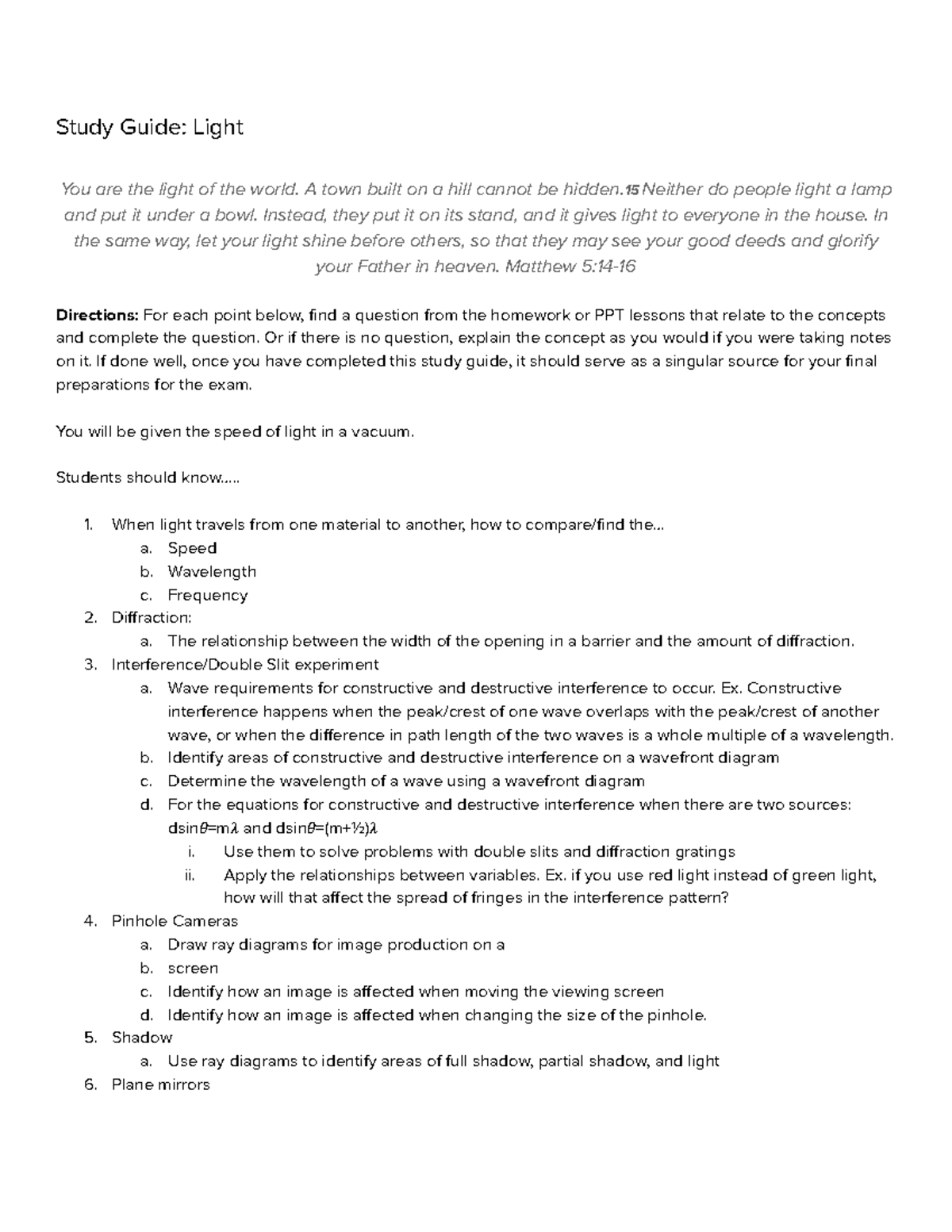 07 Study Guide: Light Concepts for Final Exam Preparation - Studocu