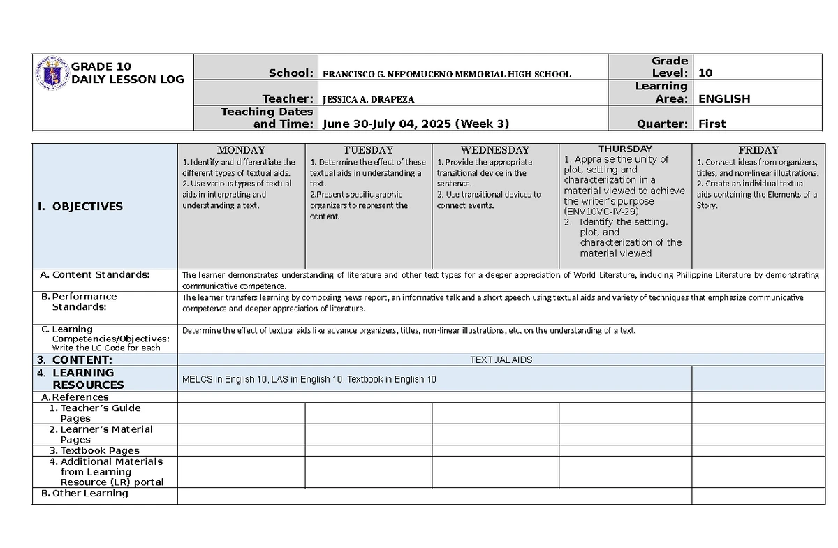Grade 10 English Daily Lesson Log (DLL) - June 23-27, 2025 (Q1 W2 ...