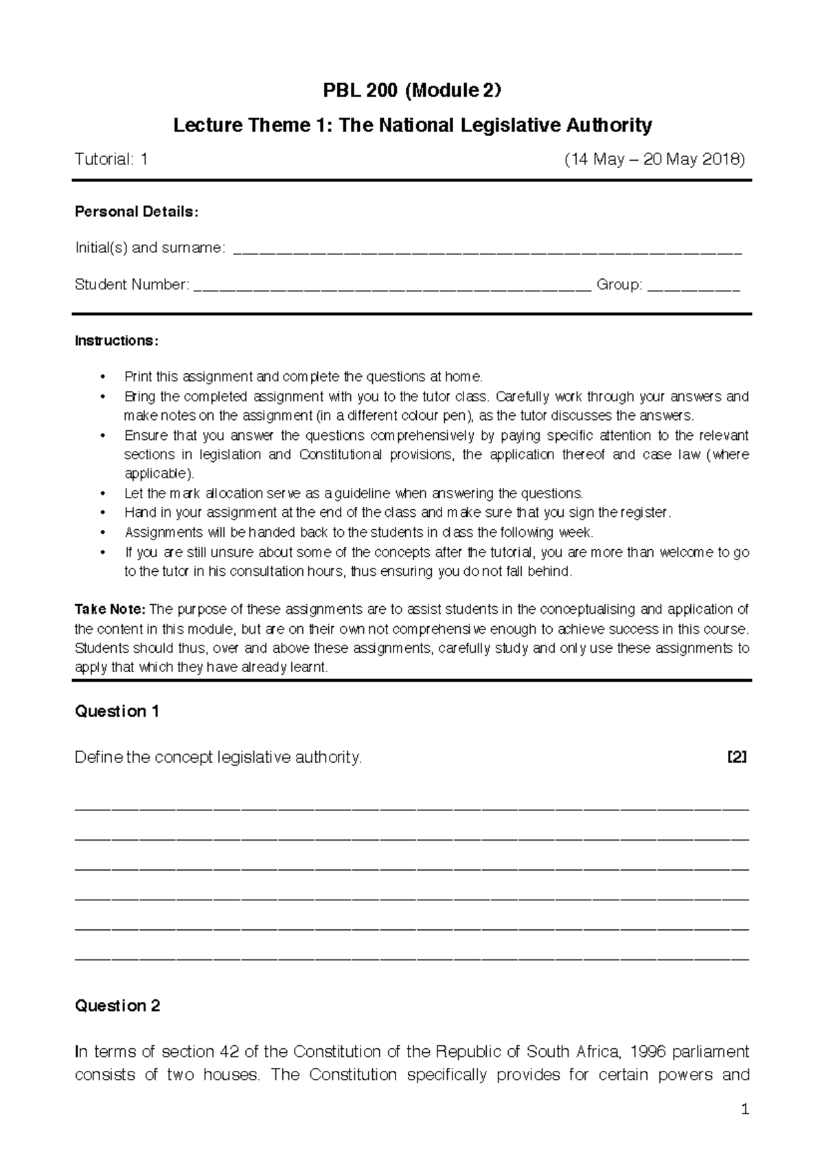 Tutorial 1 - Notes - PBL 200 (Module 2) Lecture Theme 1: The National ...