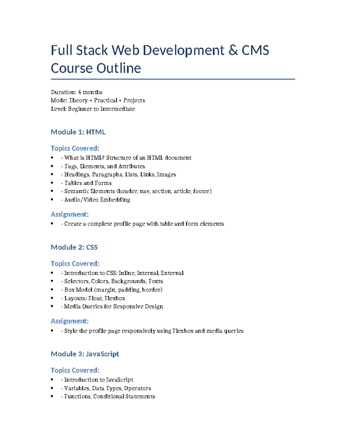 Full Stack Web Development CMS Course Outline (Beginner-Intermediate ...