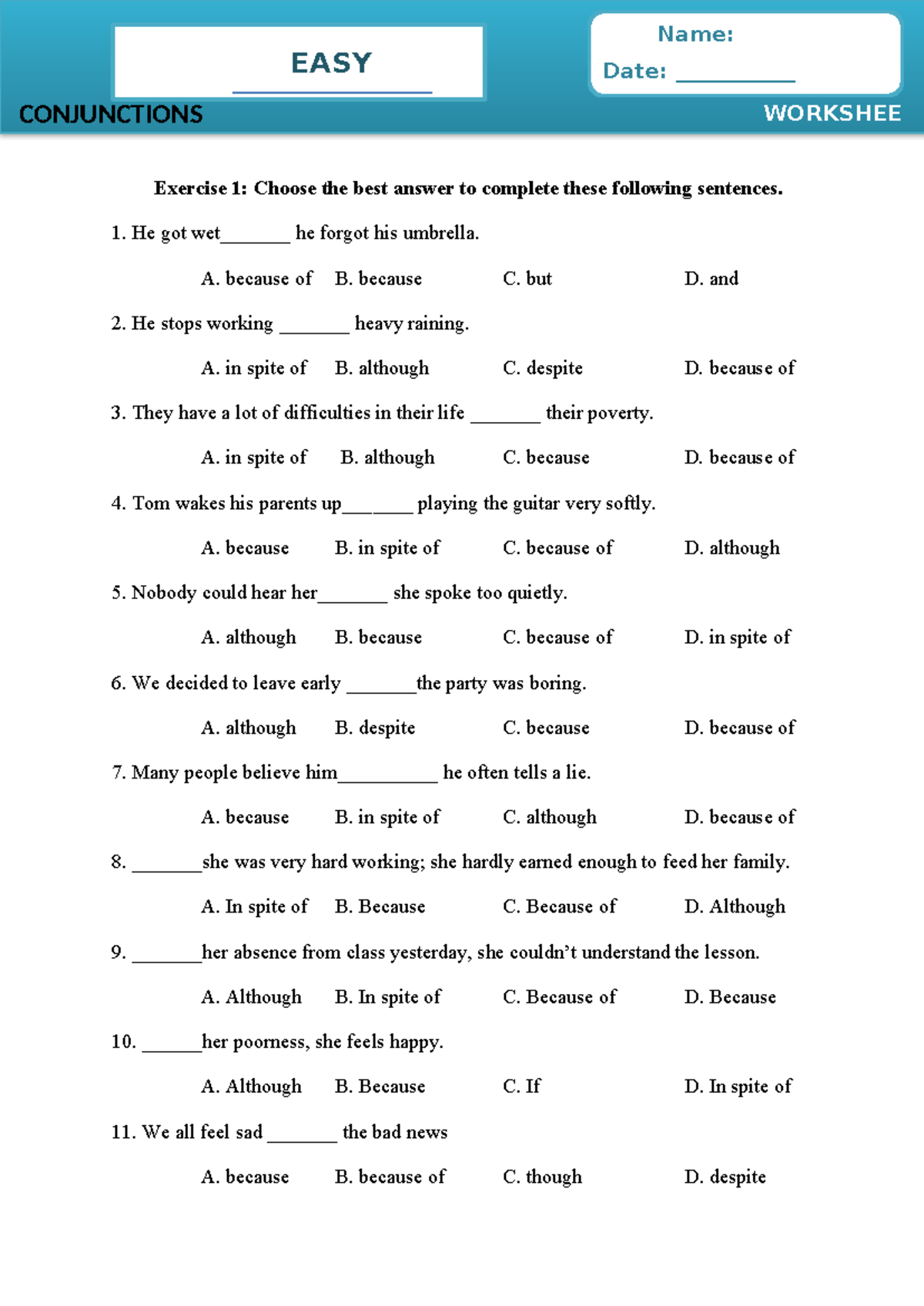Conjunctions - Easy Grammar Worksheet (ENG 101) - Studocu