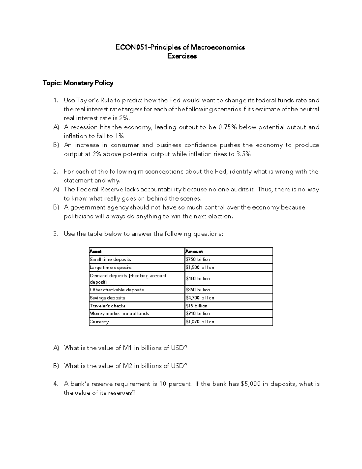 ECON051-Macroeconomics Exercises on Monetary Policy and Banking ...