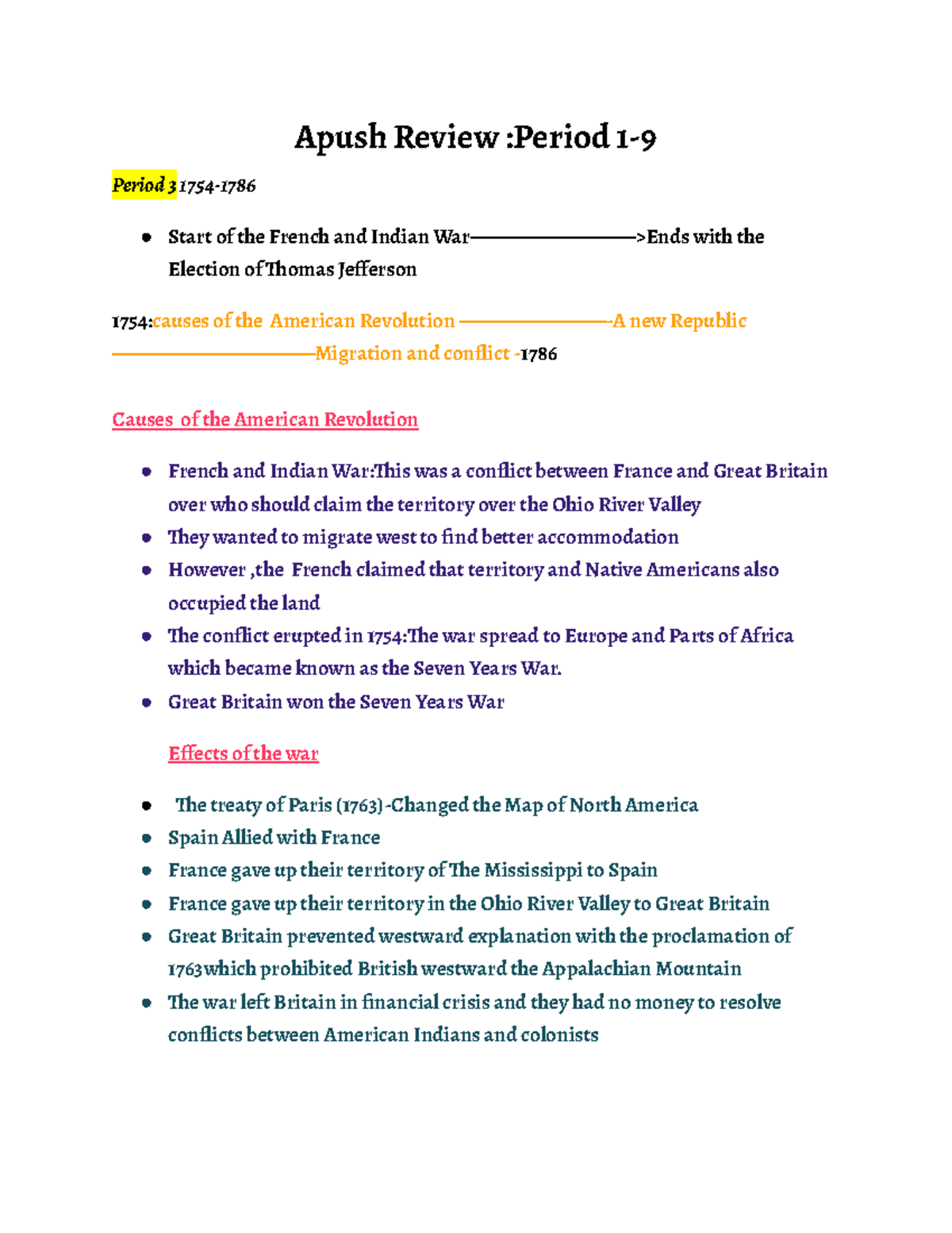 APUSH Review: Period 3 - French and Indian War to New Republic - Studocu