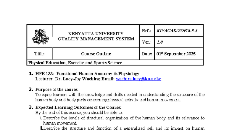 HPE 133: Anatomy & Physiology I Course Outline 2025 - Studocu