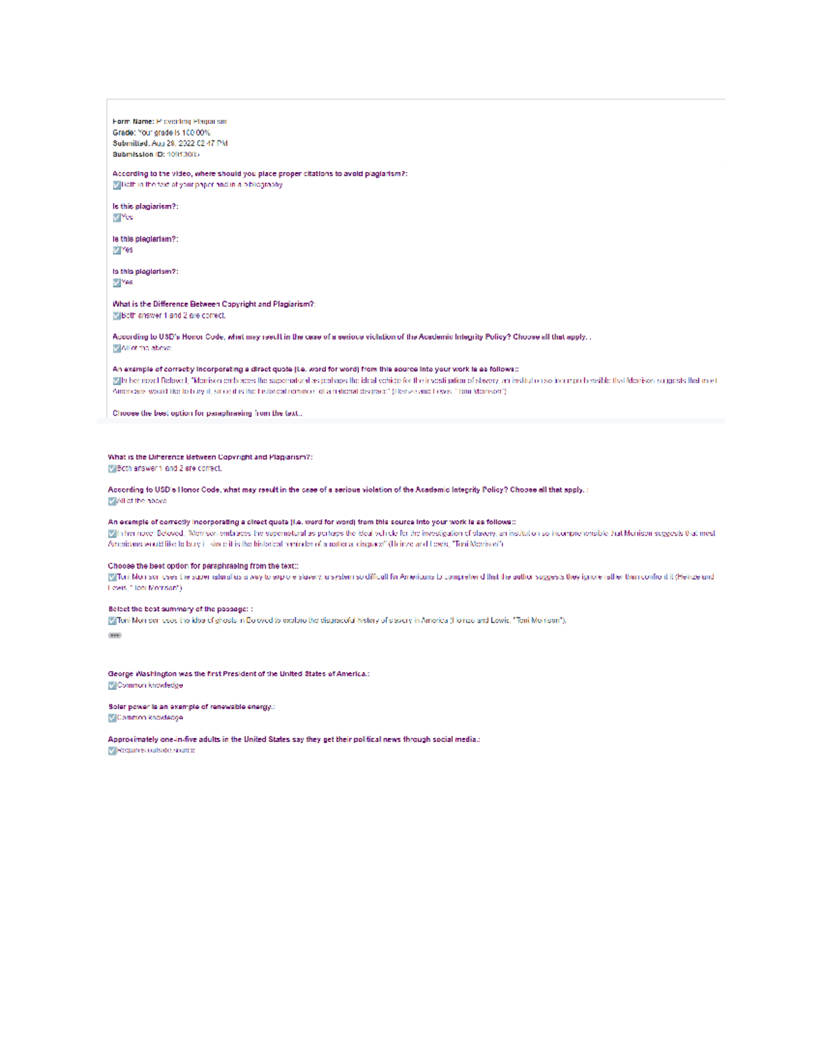 Plagiarism Quiz - plag - Form Name: Preventing Plagiarism Grade: Your ...