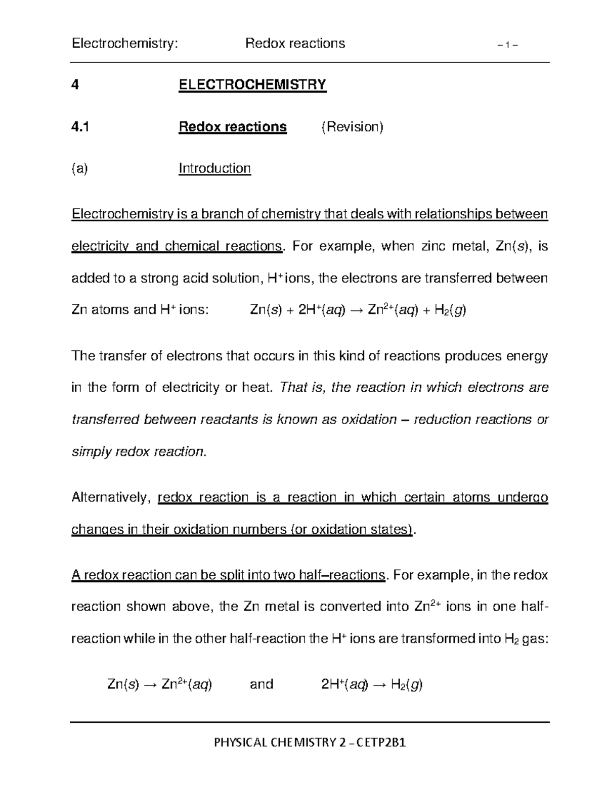 Electrochemistry - lesson 1 - 4 ELECTROCHEMISTRY 4 .1 Redox reactions ...