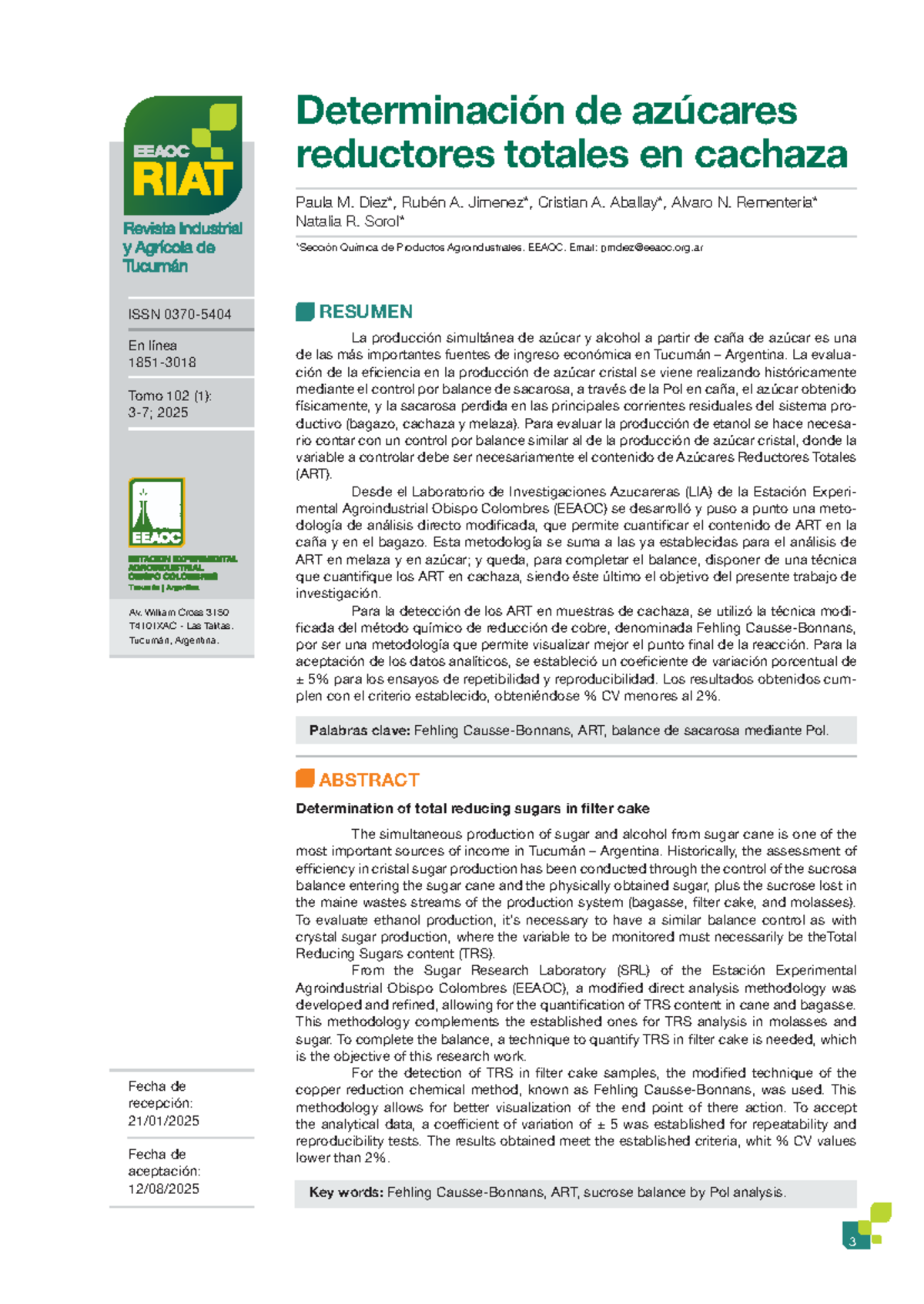 Determinación de Azúcares Reductores Totales en Cachaza - EEAOC - Studocu