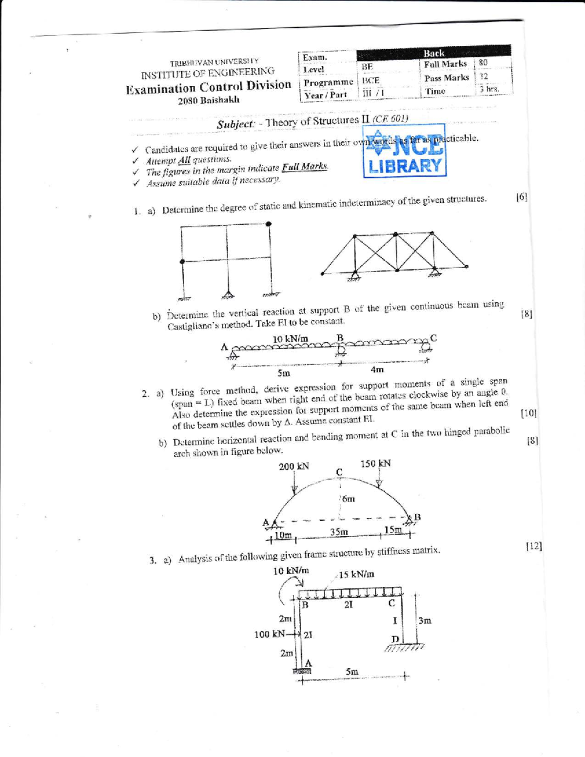 Final Exam: Theory of Structures II (CE601) - Full Marks 80, Pass Marks ...