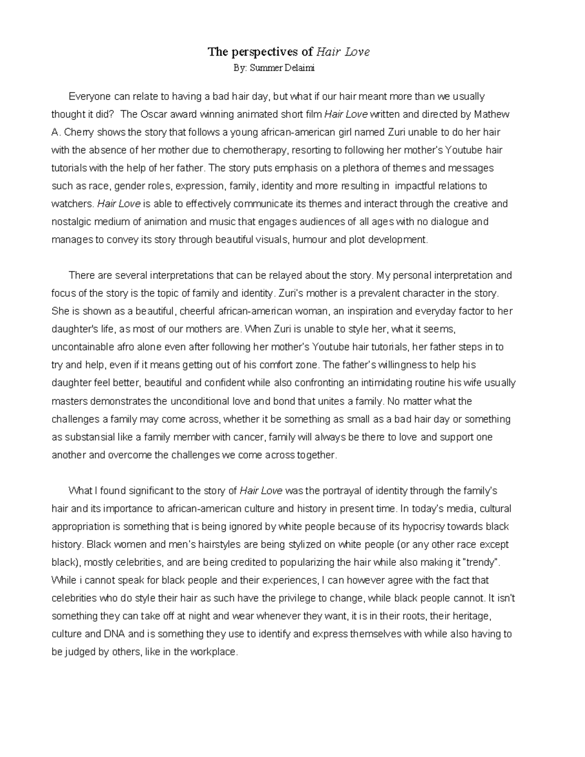 Hair Love Analysis - Grade: A - The perspectives of Hair Love By ...