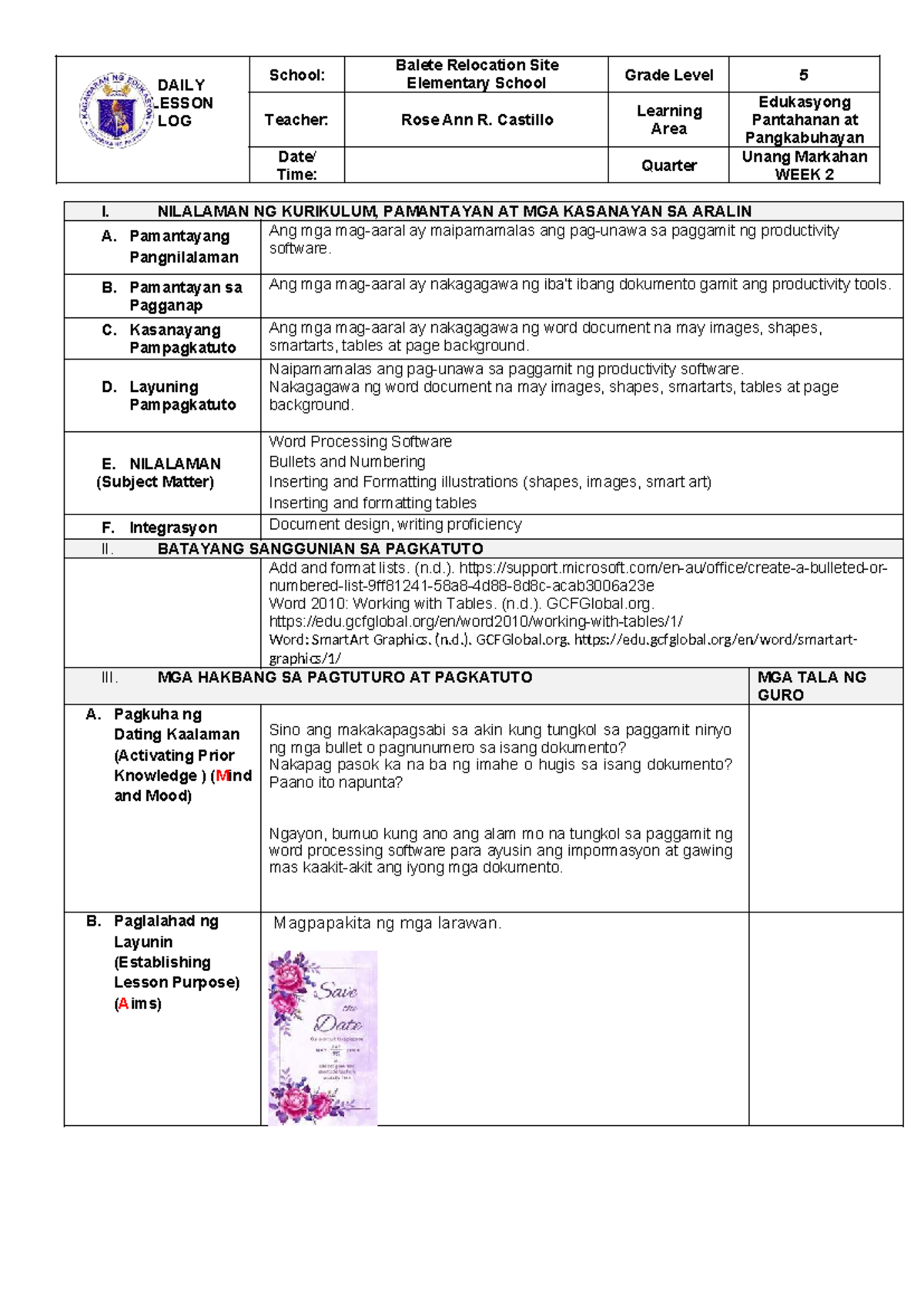 EPP 5 WEEK 2 DAILY LESSON LOG: Word Processing Software Techniques ...
