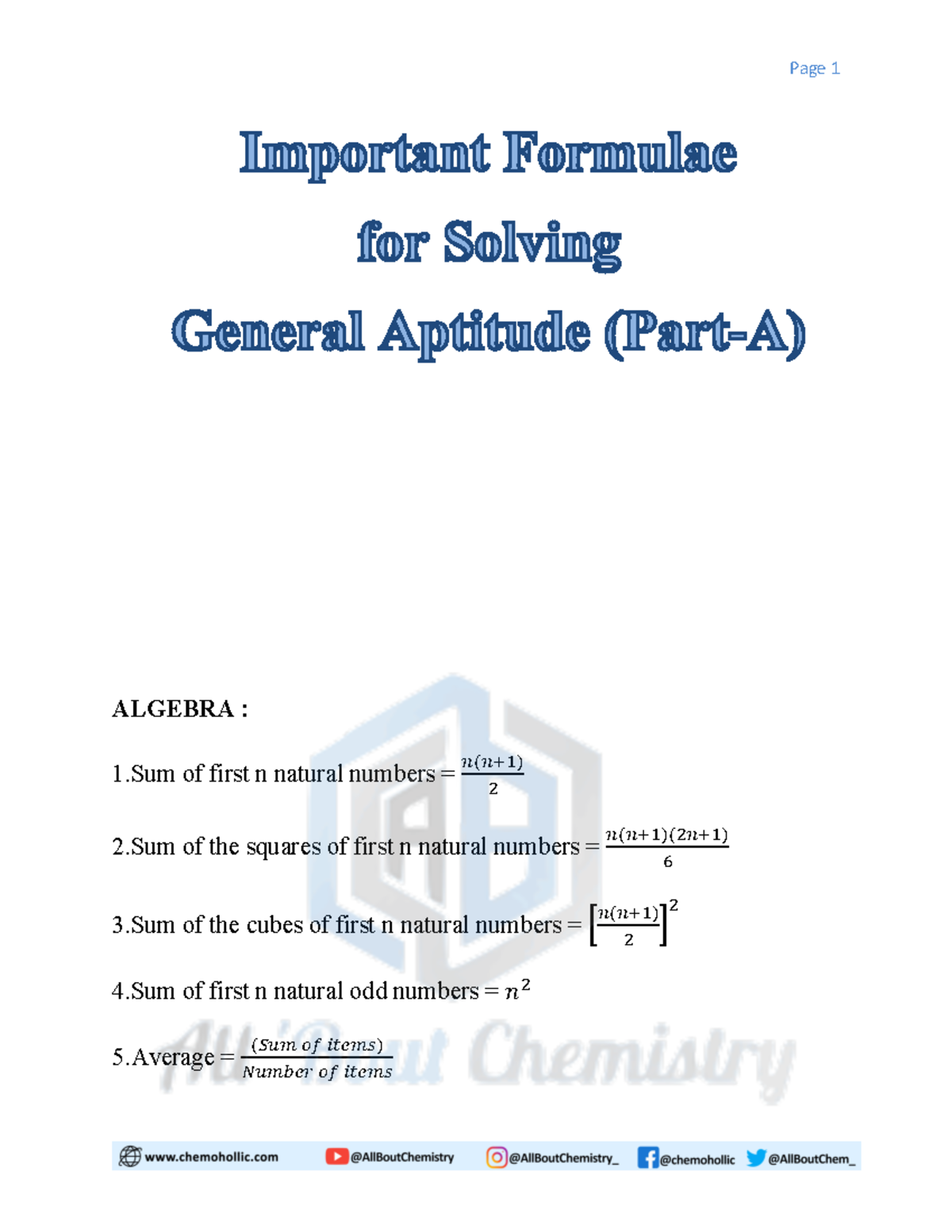 Maths Formulae 1 upload - ALGEBRA : 1 of first n natural numbers ...