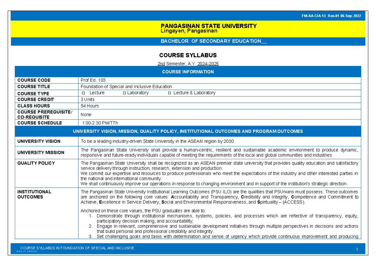 Prof Ed 103: Syllabus for Foundation of Special and Inclusive Education ...
