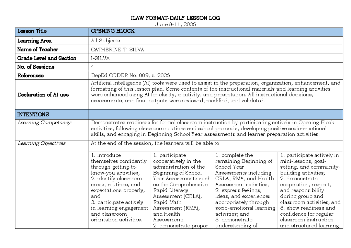 ILAW Lesson Plan: Opening Block for Grade 1 - June 2026 - Studocu
