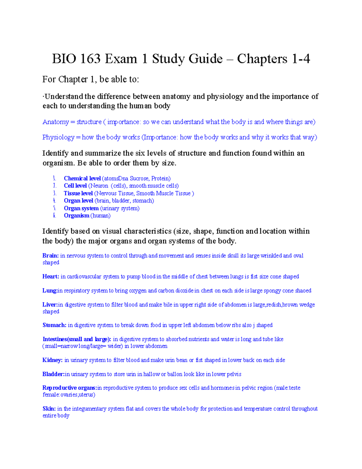 BIO 163 Exam 1 Study Guide: Anatomy, Physiology, and Cell Structure ...