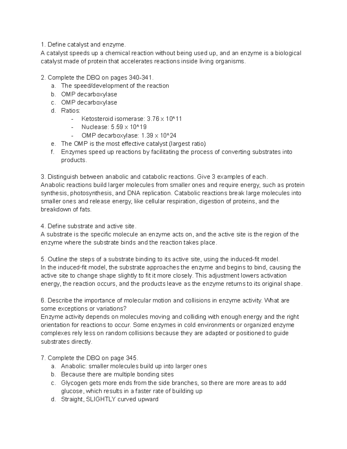 Chapter C1: Enzymes and Catalysts - Key Concepts and DBQ Insights - Studocu