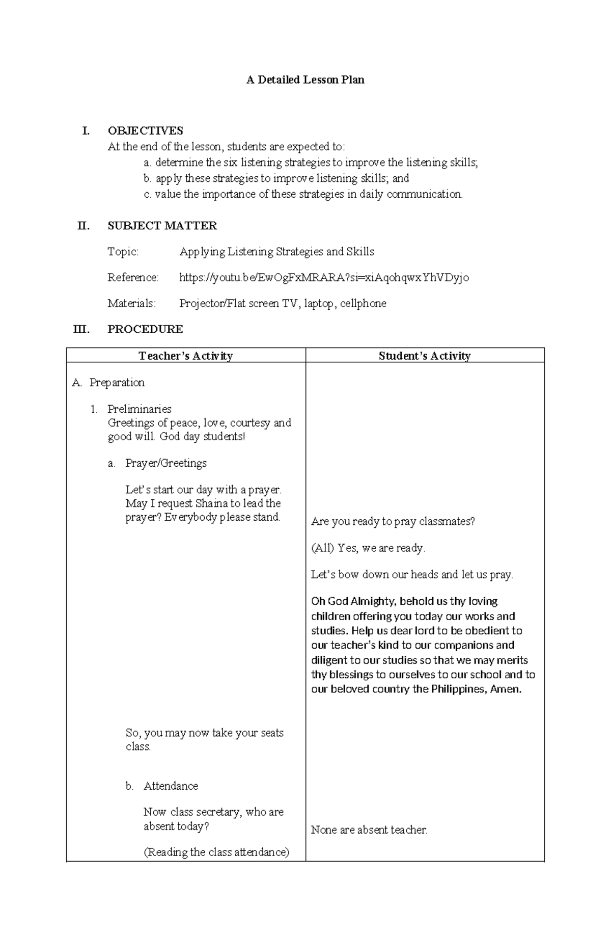 Applying Listening Strategies: A Detailed Lesson Plan for Class - Studocu