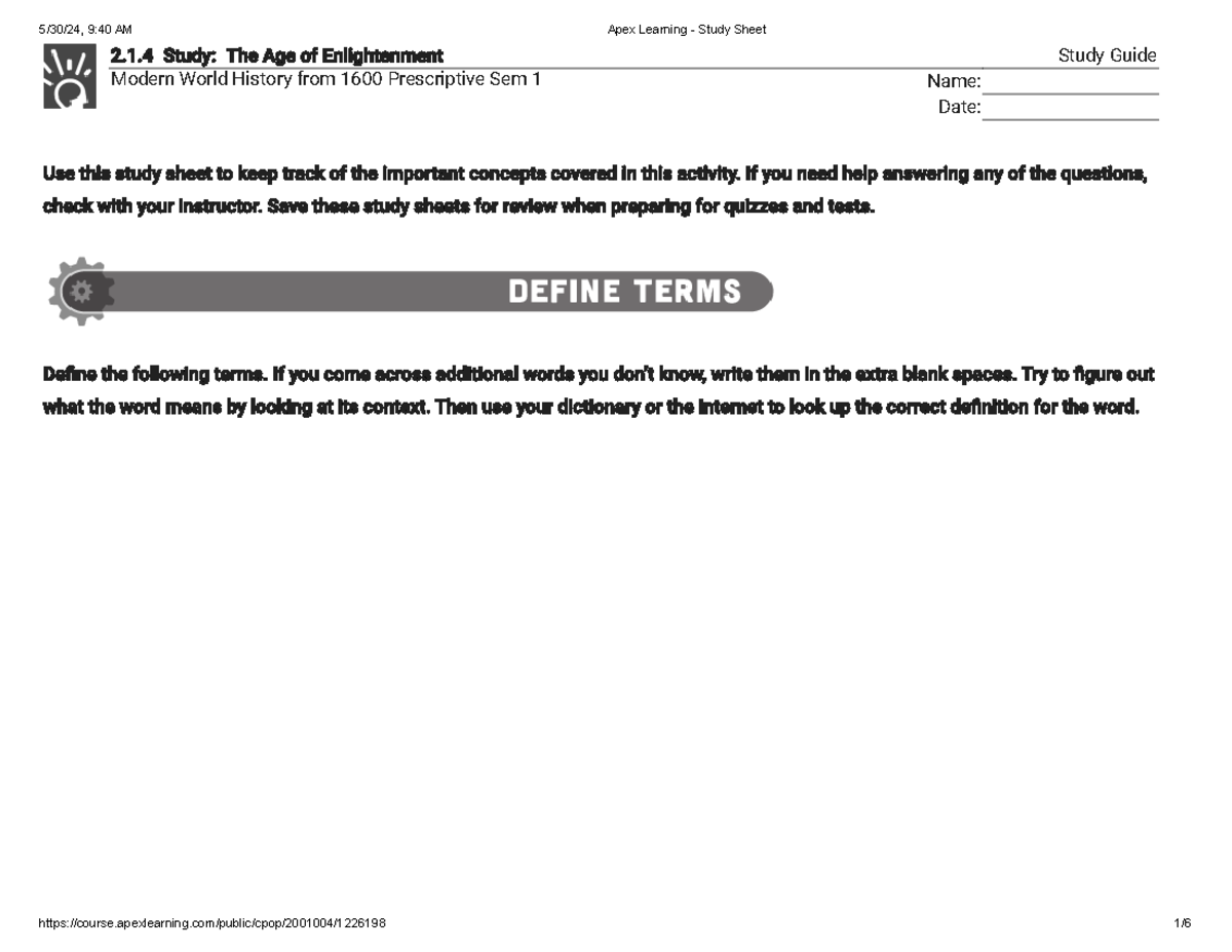Apex Learning - Study Guide: The Age of Enlightenment - World History ...