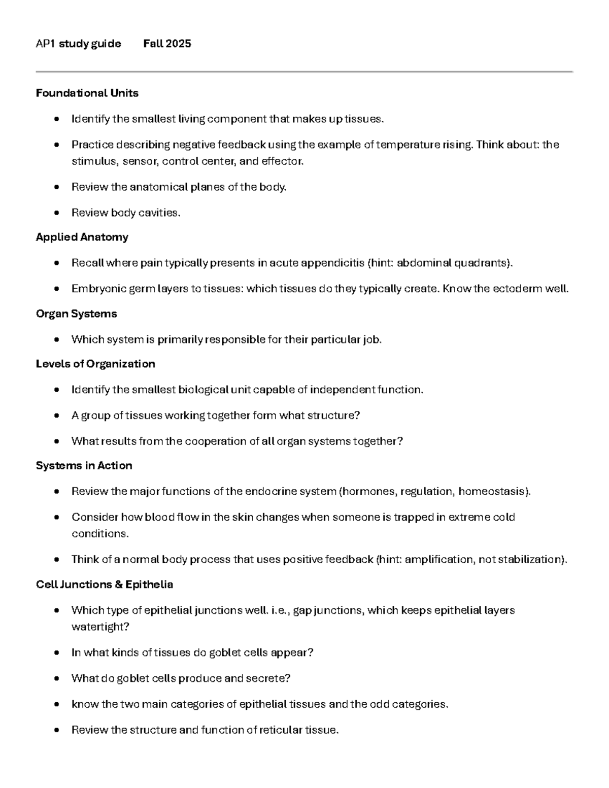AP1 Study Guide: Foundational & Applied Anatomy Overview (Fall 2025 ...