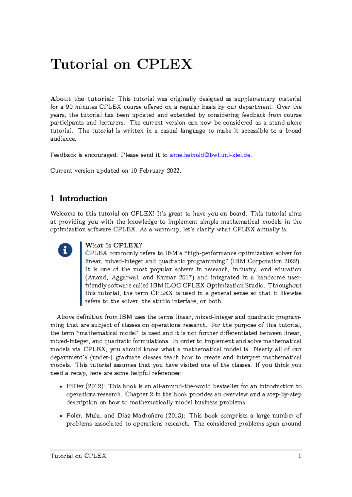 CPLEX Tutorial: Implementing Mathematical Models in Optimization - Studocu