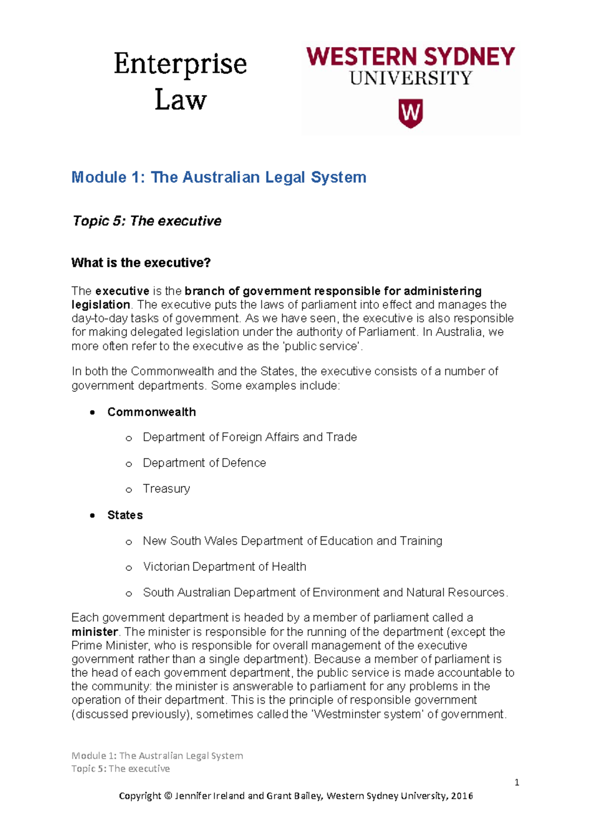 Module 1 - The Executive in the Australian Legal System: Overview ...