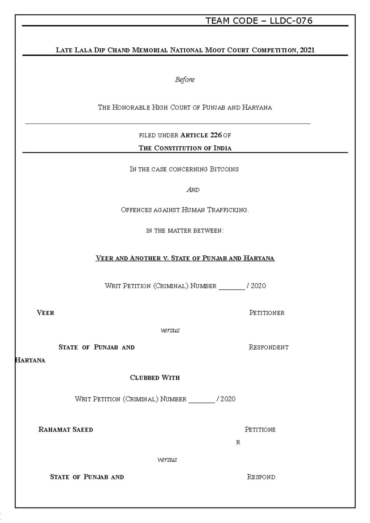 Compendium of Legal Proceedings: 2021 Moot Court on Article 226 - Studocu