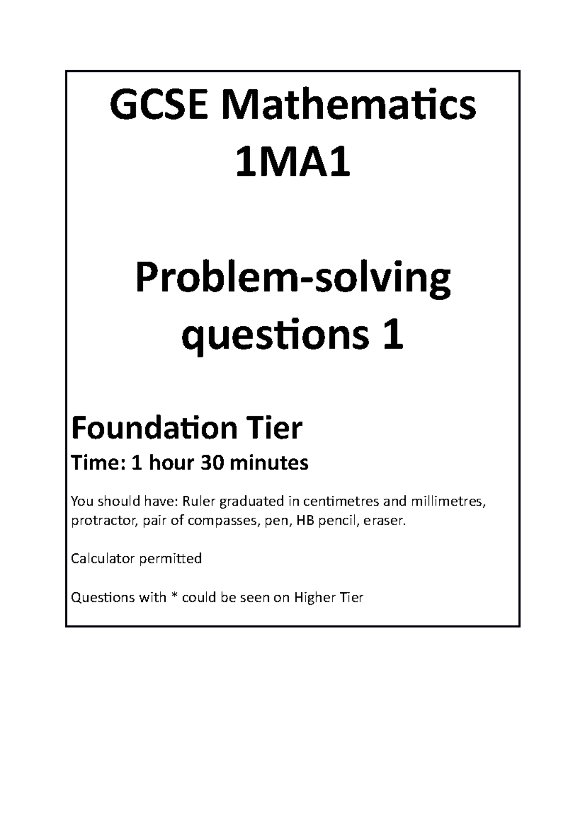 GCSE Maths 1MA Foundation Tier Problem Solving Questions - Studocu