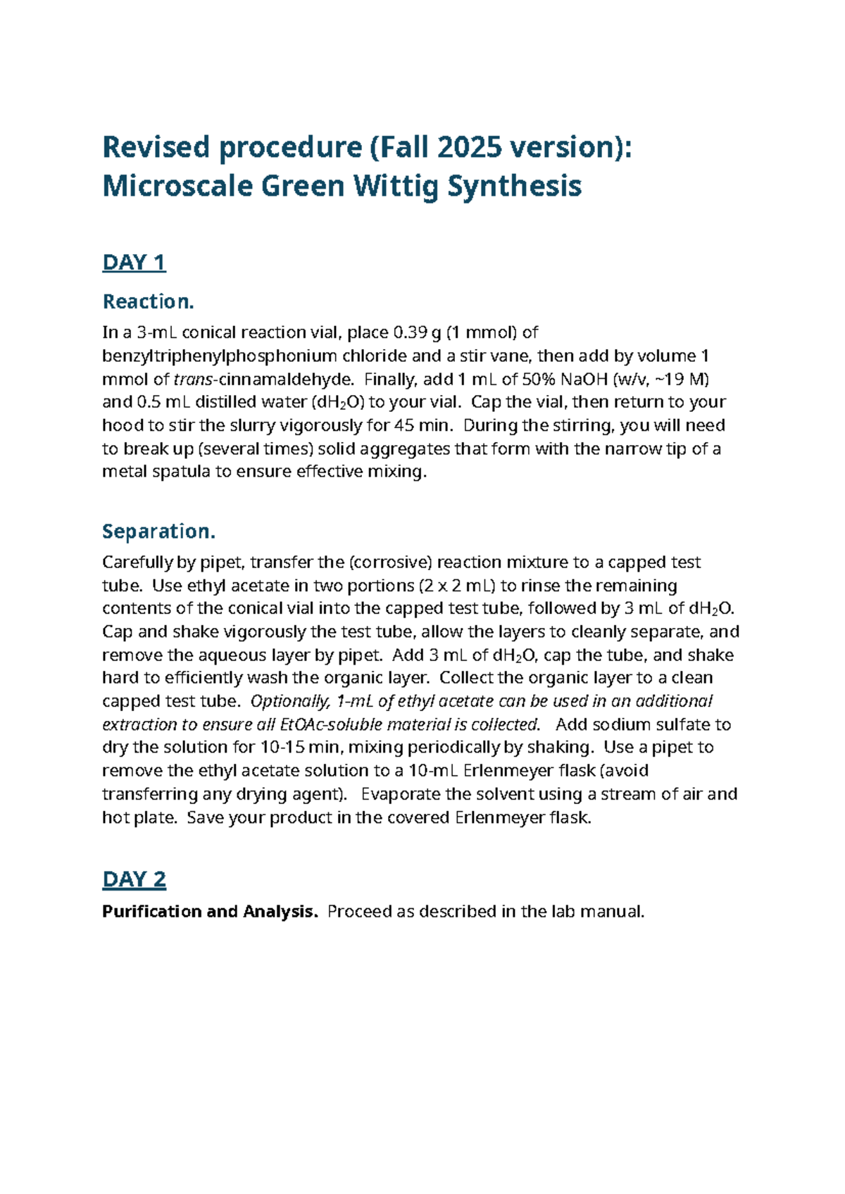 Revised Procedure (Fall 2025): Microscale Green Wittig Synthesis II ...