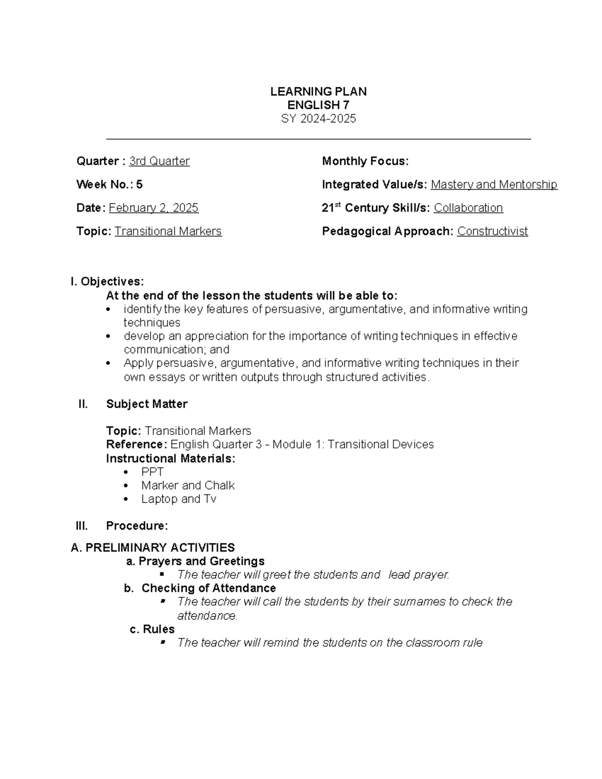 English 7 Lesson Plan: Transitional Markers - 3rd Quarter Week 5 - Studocu