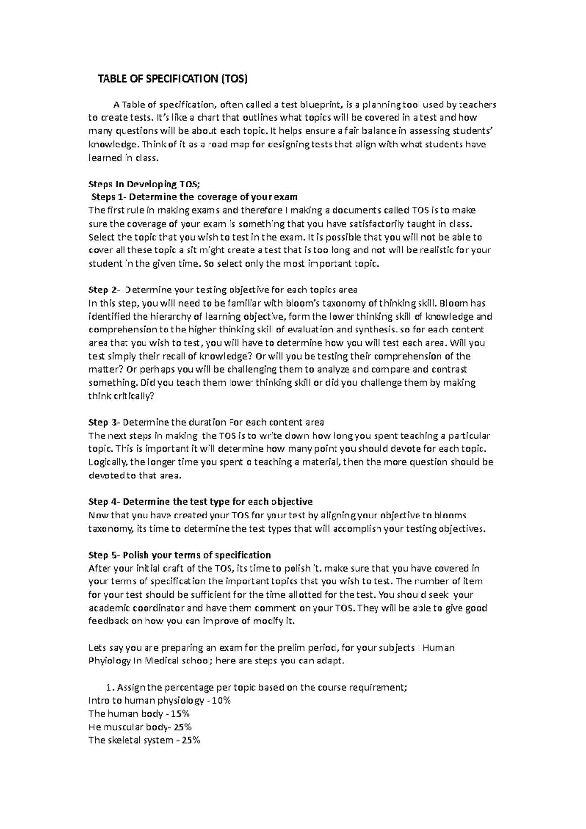 Creating an Effective Table of Specification (TOS) for Exams - Studocu