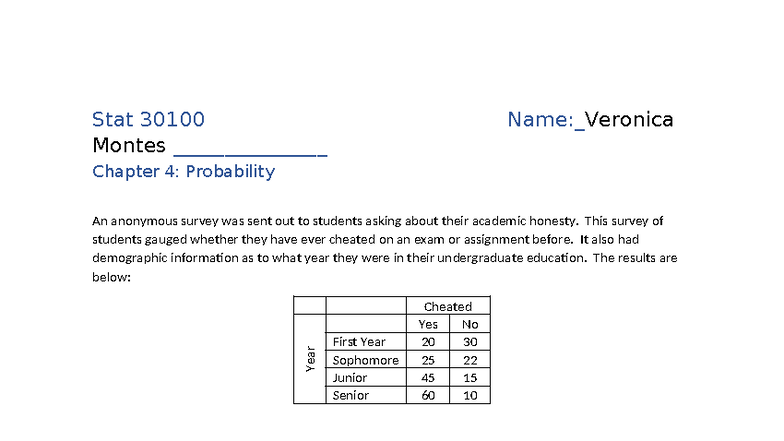 Stat 30100: Chapter 4 Probability Worksheet - Academic Honesty Survey ...
