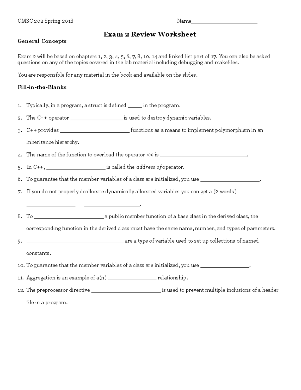 CMSC 202 - Exam 2 - Worksheet - SP18 - CMSC 202 Spring 2018 Name Exam 2 ...