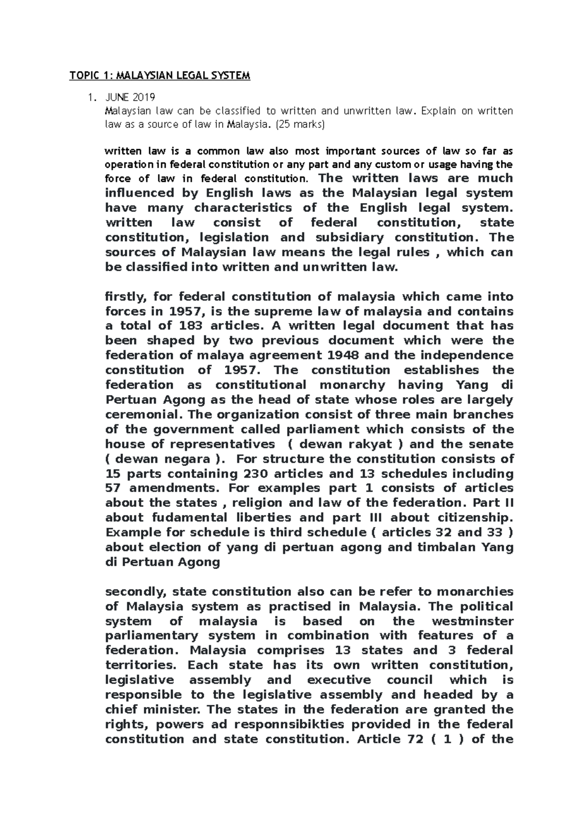 LAW 416- Updated Tutorial Question - TOPIC 1: MALAYSIAN LEGAL SYSTEM 1 ...