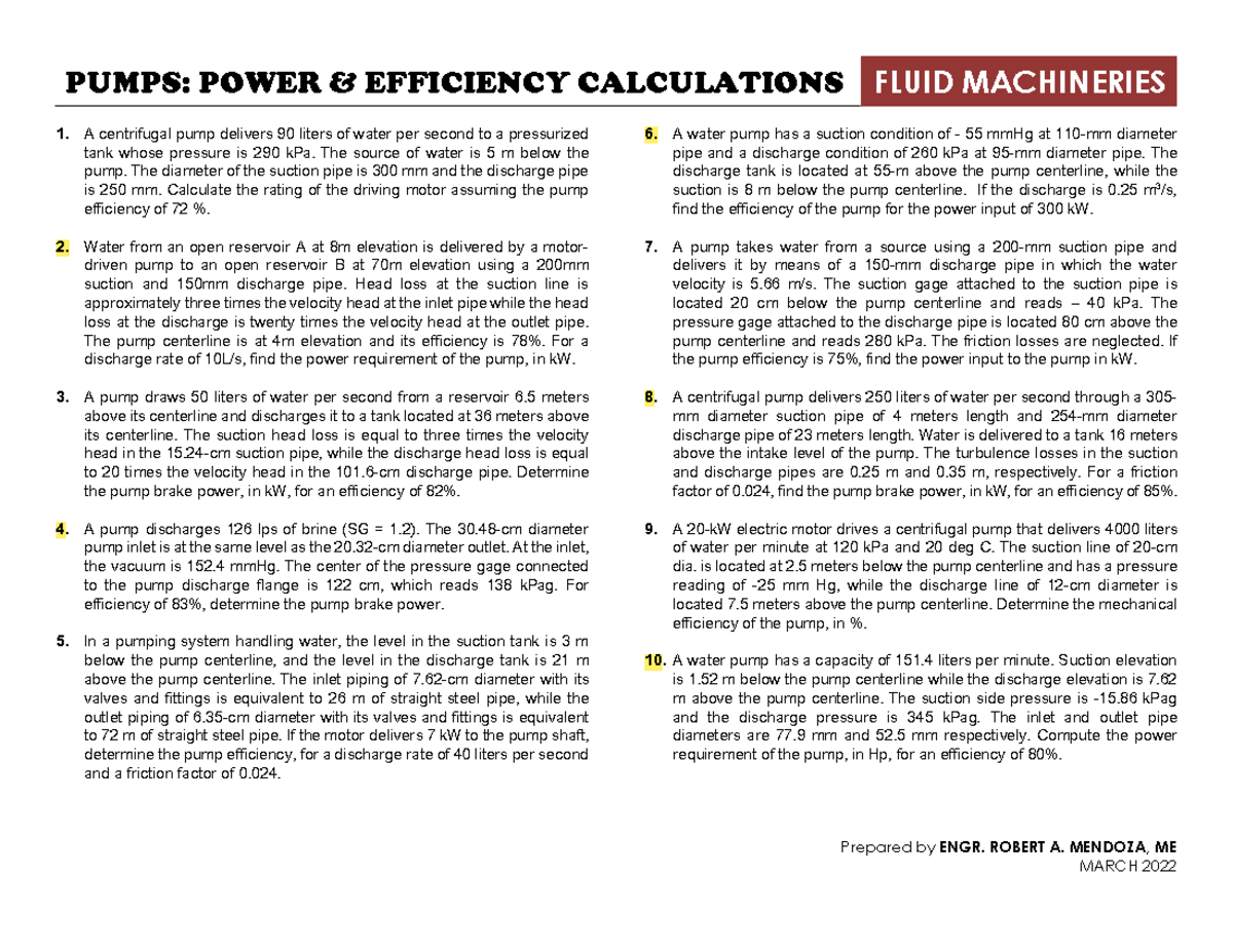 PS04 Pump Power & Efficiency Calculations: Technical Insights - Studocu