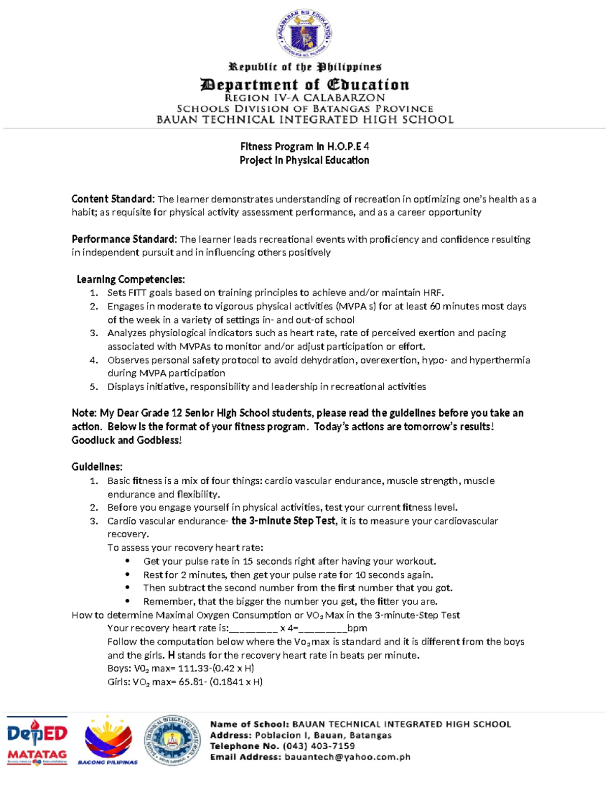 Fitness Program Plan for Physical Education H.O.P.E 4 - Studocu