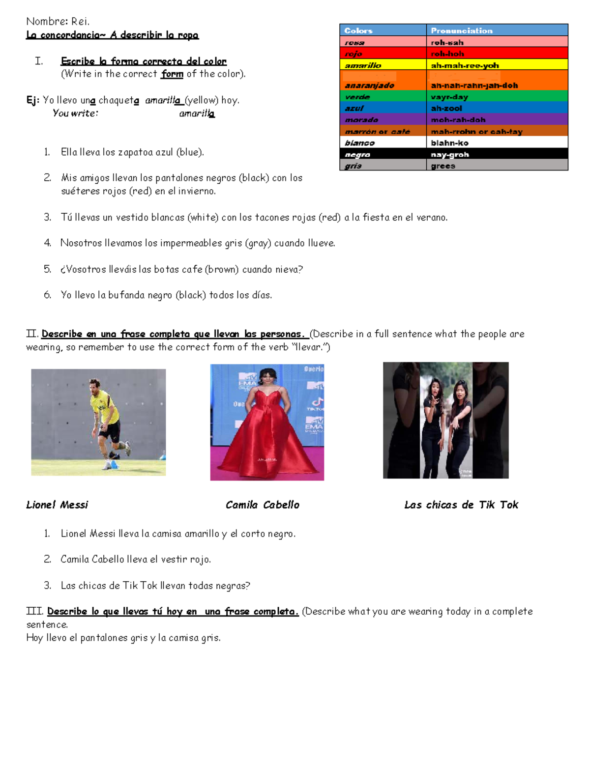 Práctica de Concordancia: Colores y Ropa en Español - Studocu