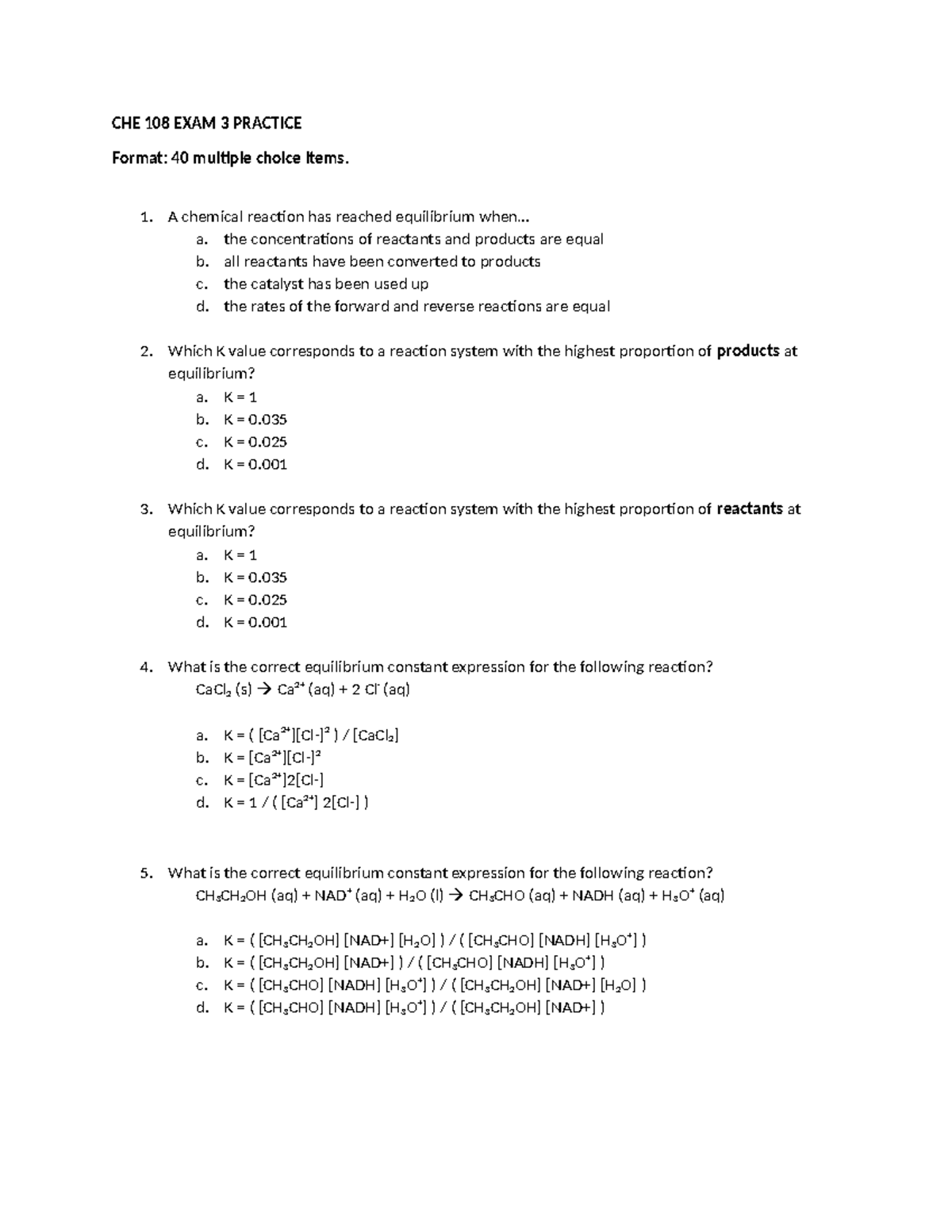 CHE 108 EXAM 3 PRACTICE QUESTIONS AND ANSWERS - Studocu