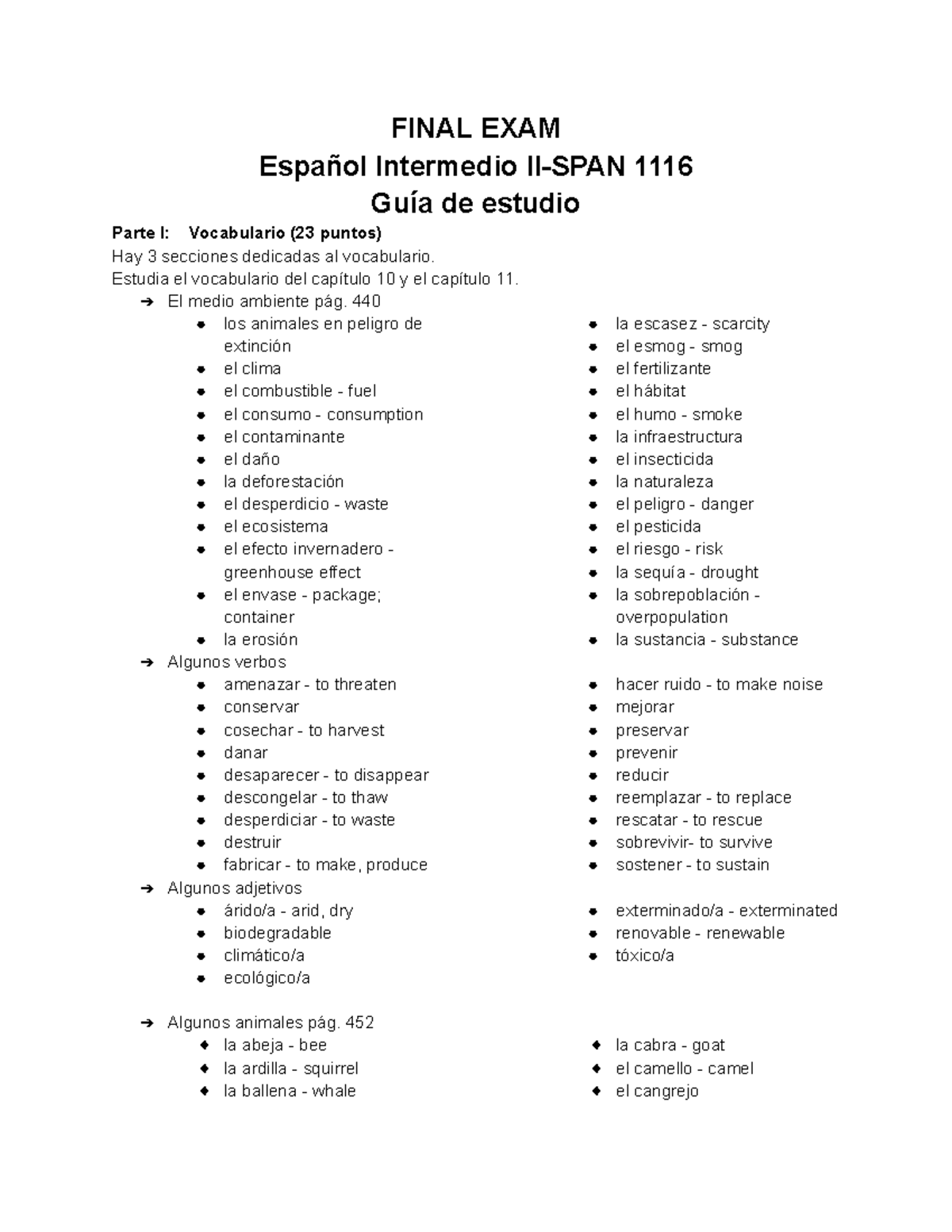 SPAN 1116 Intermediate Spanish II Final Exam Study Guide - Studocu