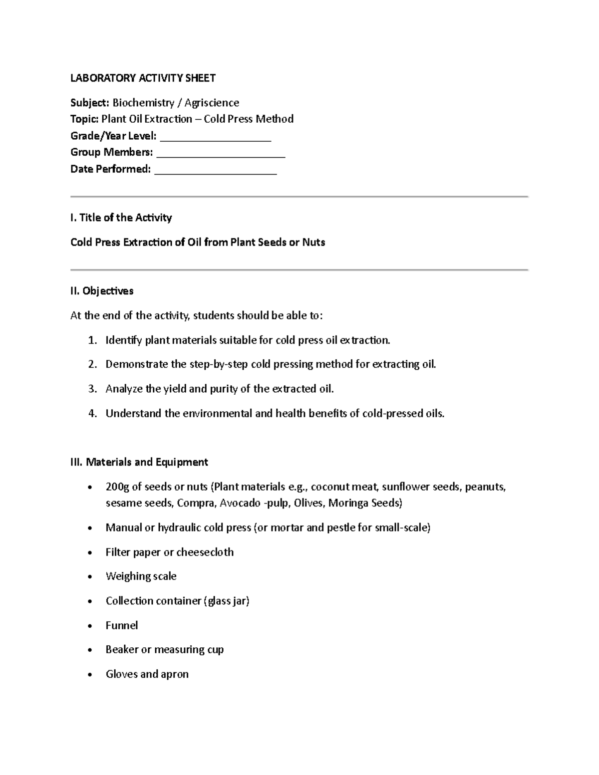 LAB-AC Activity: Cold Press Oil Extraction from Plant Seeds - Studocu
