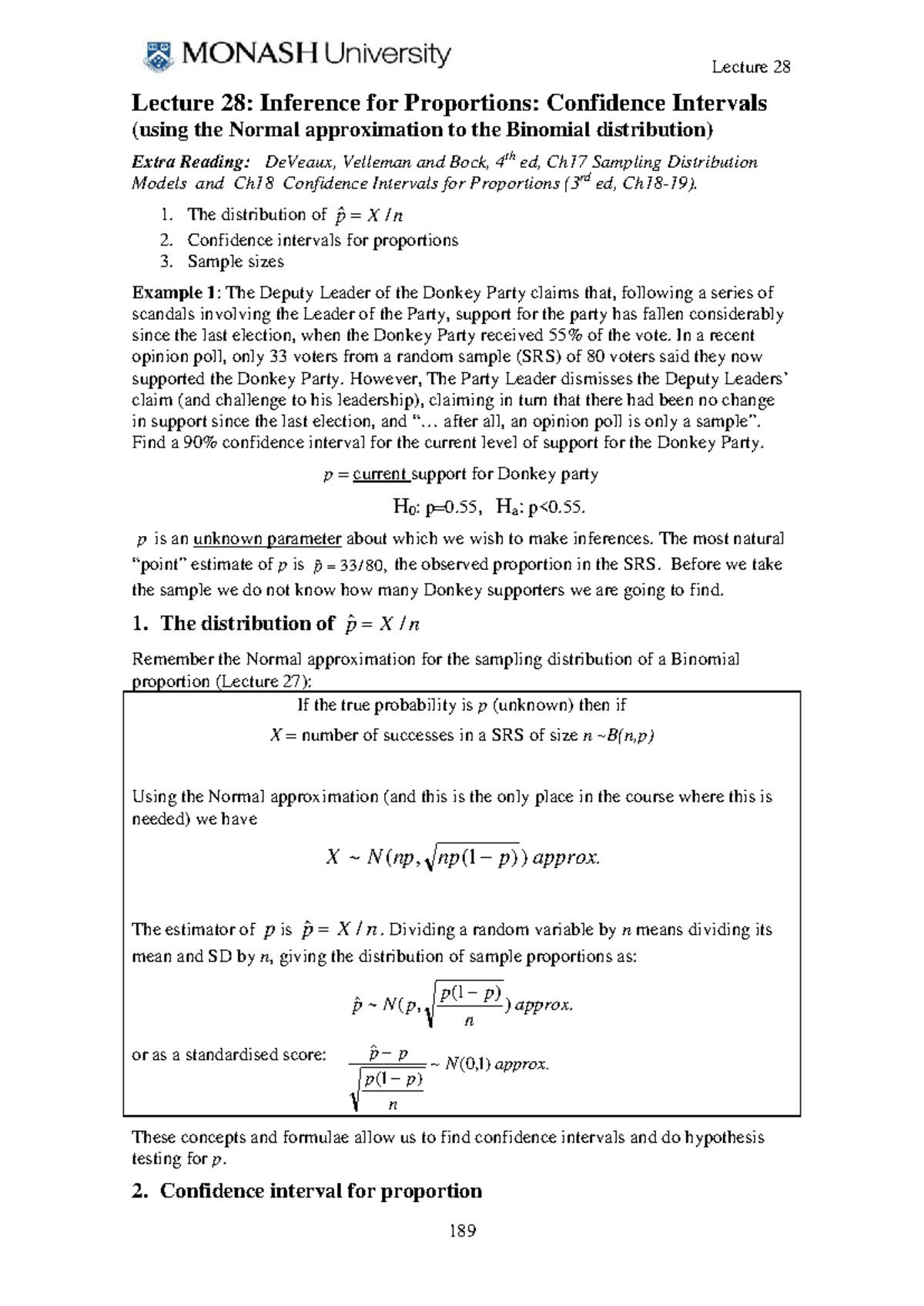 Lecture 28: Inference for Proportions & Confidence Intervals - Studocu