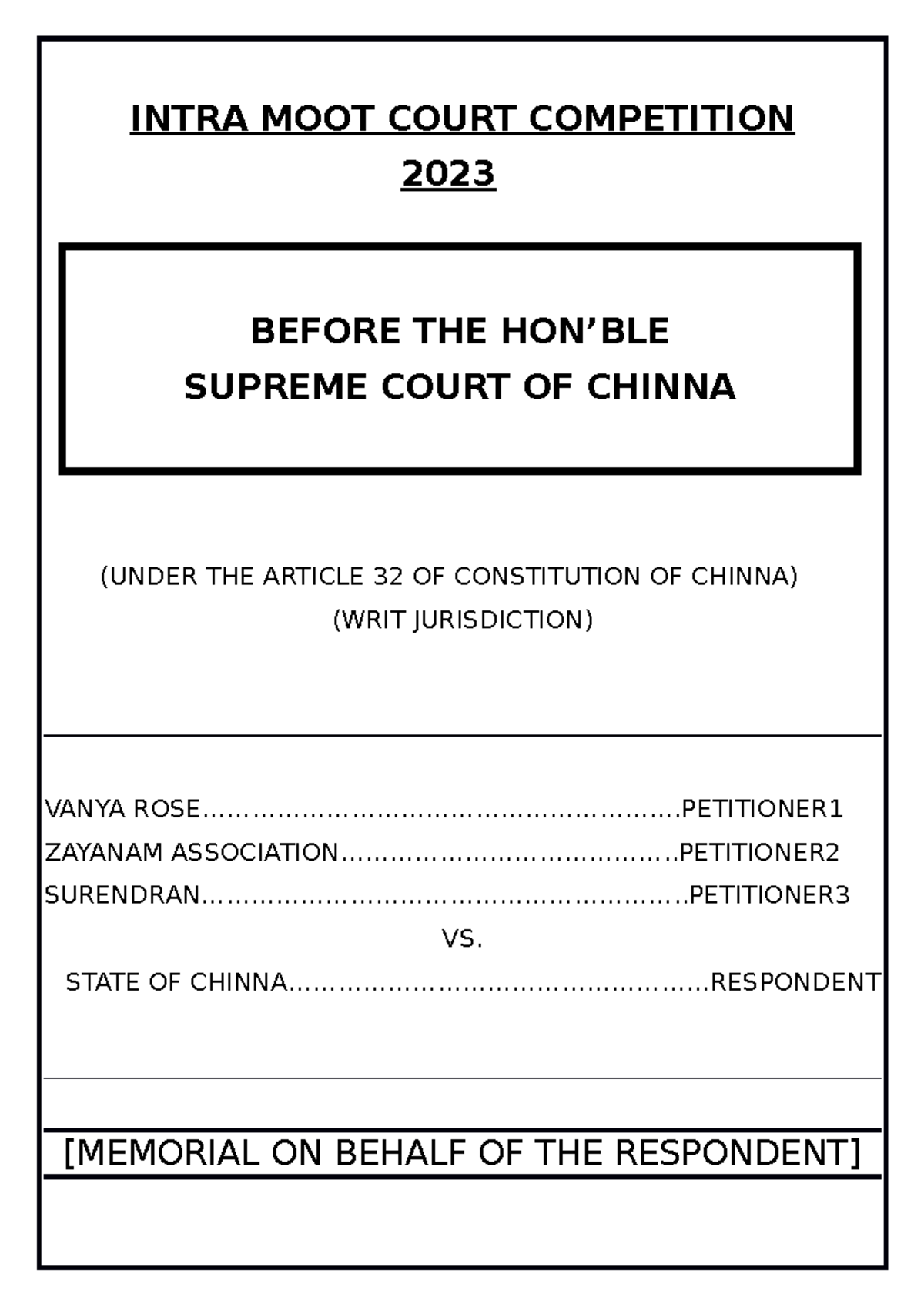 Intra MOOT Court Competition - INTRA MOOT COURT COMPETITION 2023 (UNDER ...