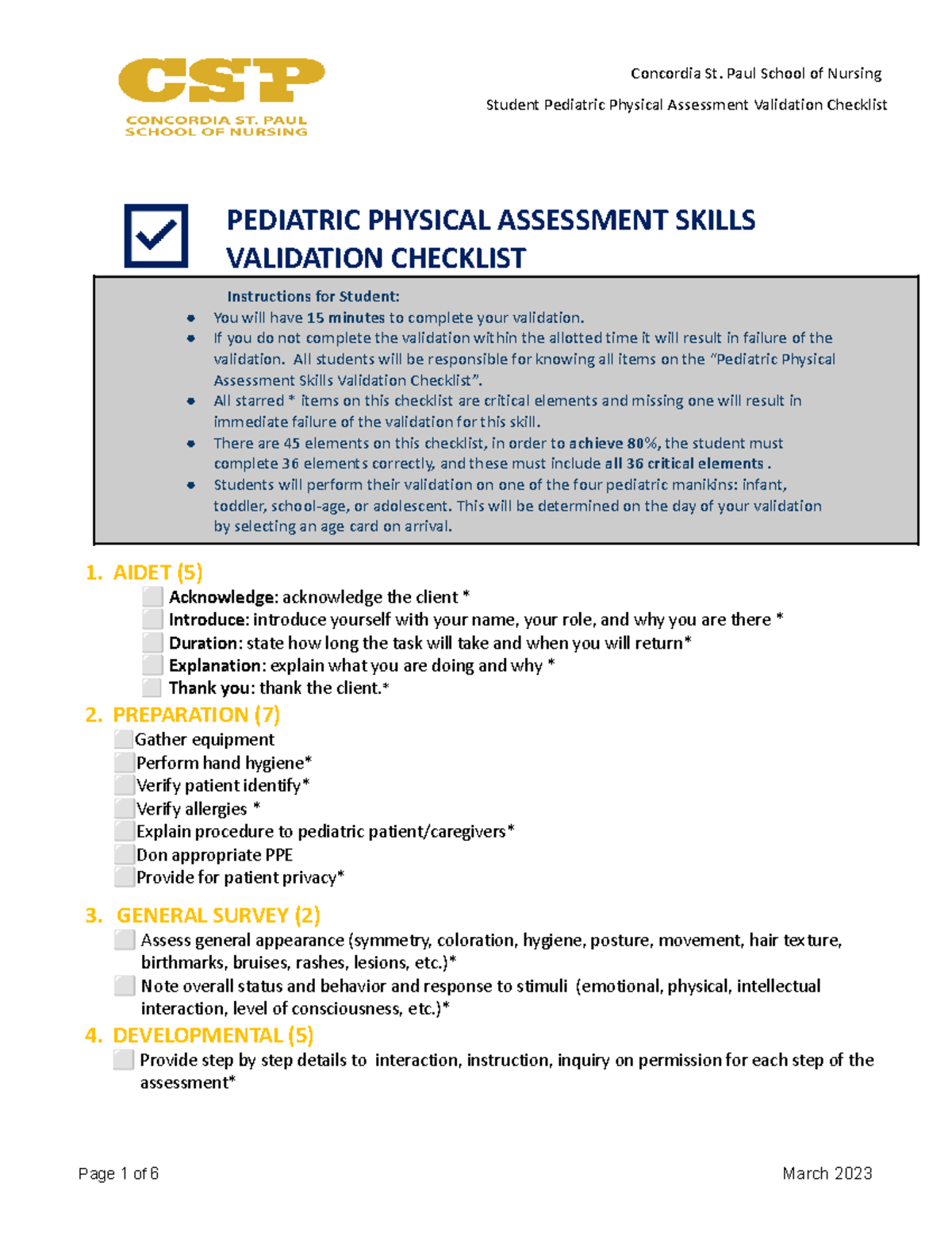 Pediatric Physical Assessment Validation Checklist - Concordia St. Paul ...