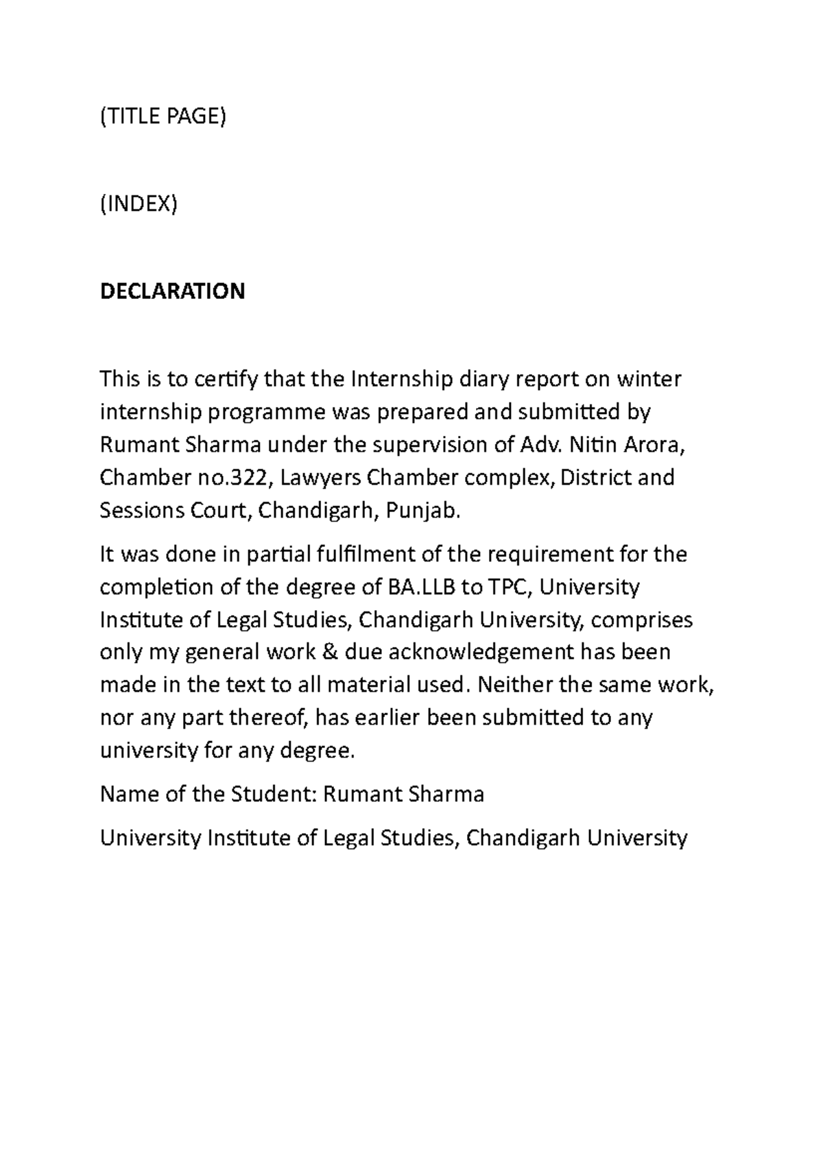 Legal Internship Diary Simple Copy Rumant Sharma 1 - (TITLE PAGE ...