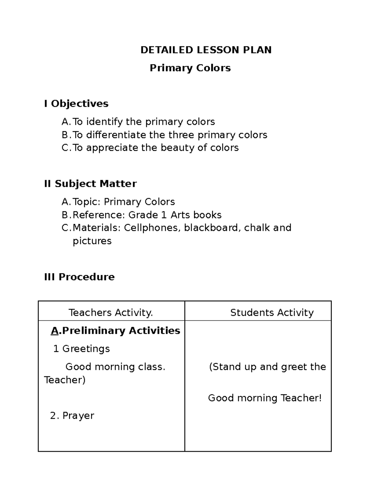 LP Art - OKAY - DETAILED LESSON PLAN Primary Colors I Objectives A. To ...