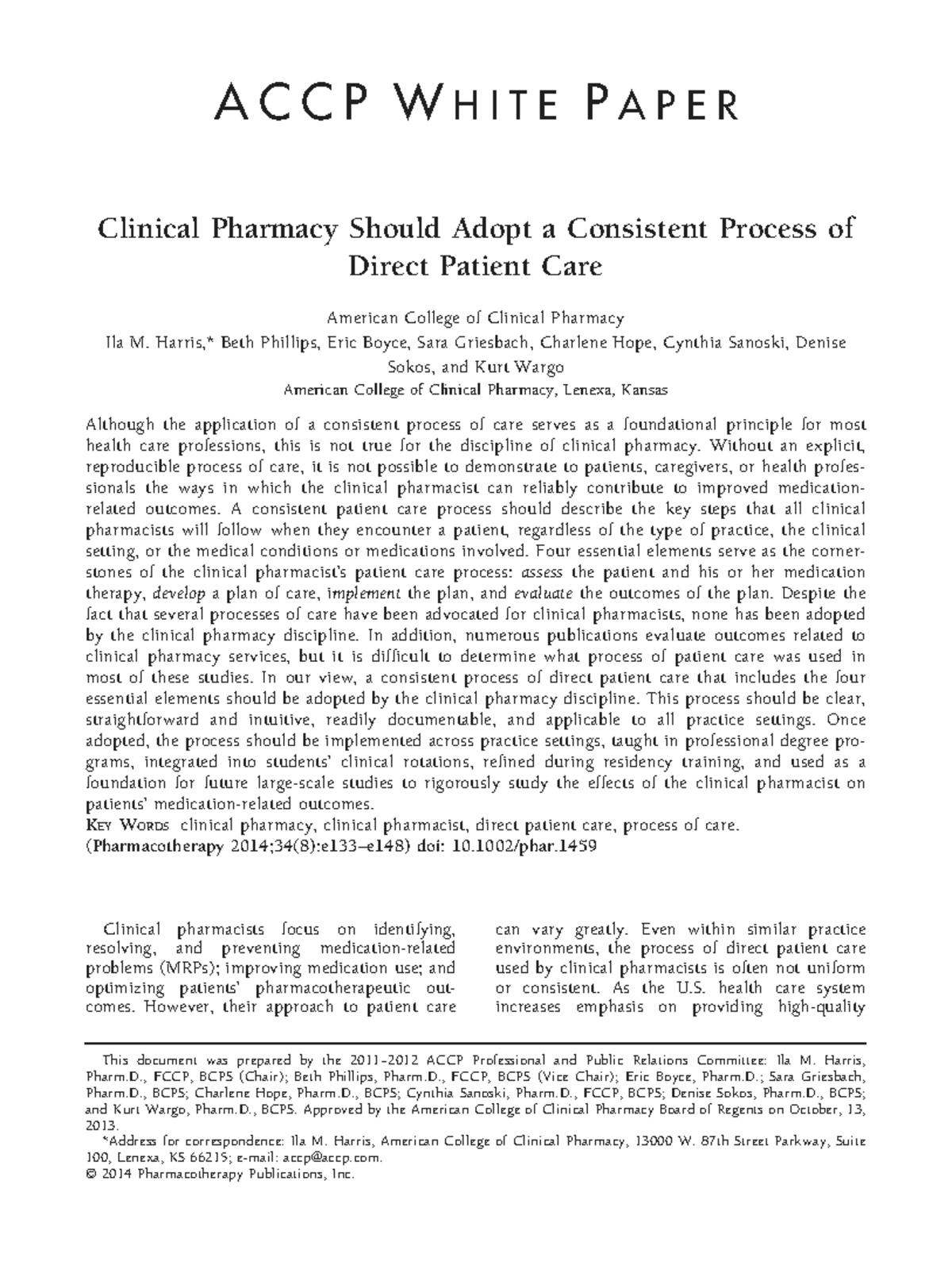 ACCP 2014 White Paper: Standardizing Direct Patient Care in Clinical ...
