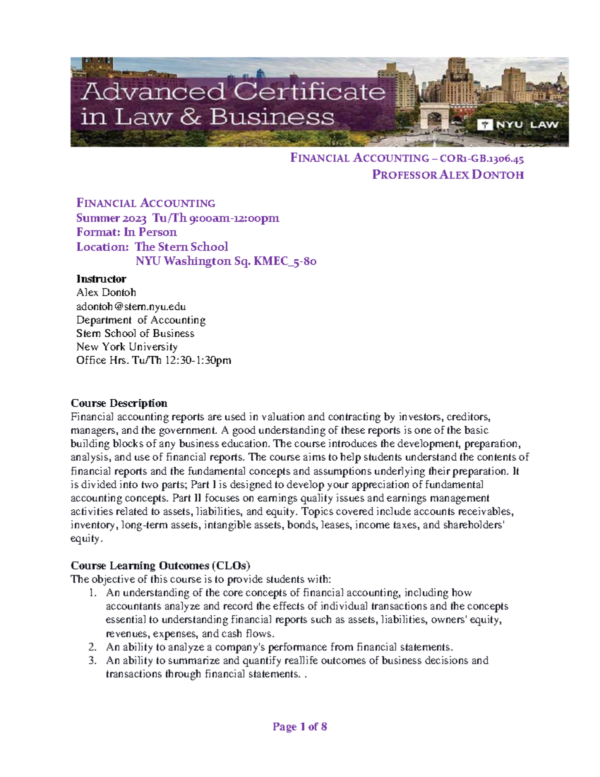 Financial Accounting Syllabus - COR1-GB.1306 - Summer 2023 - Studocu