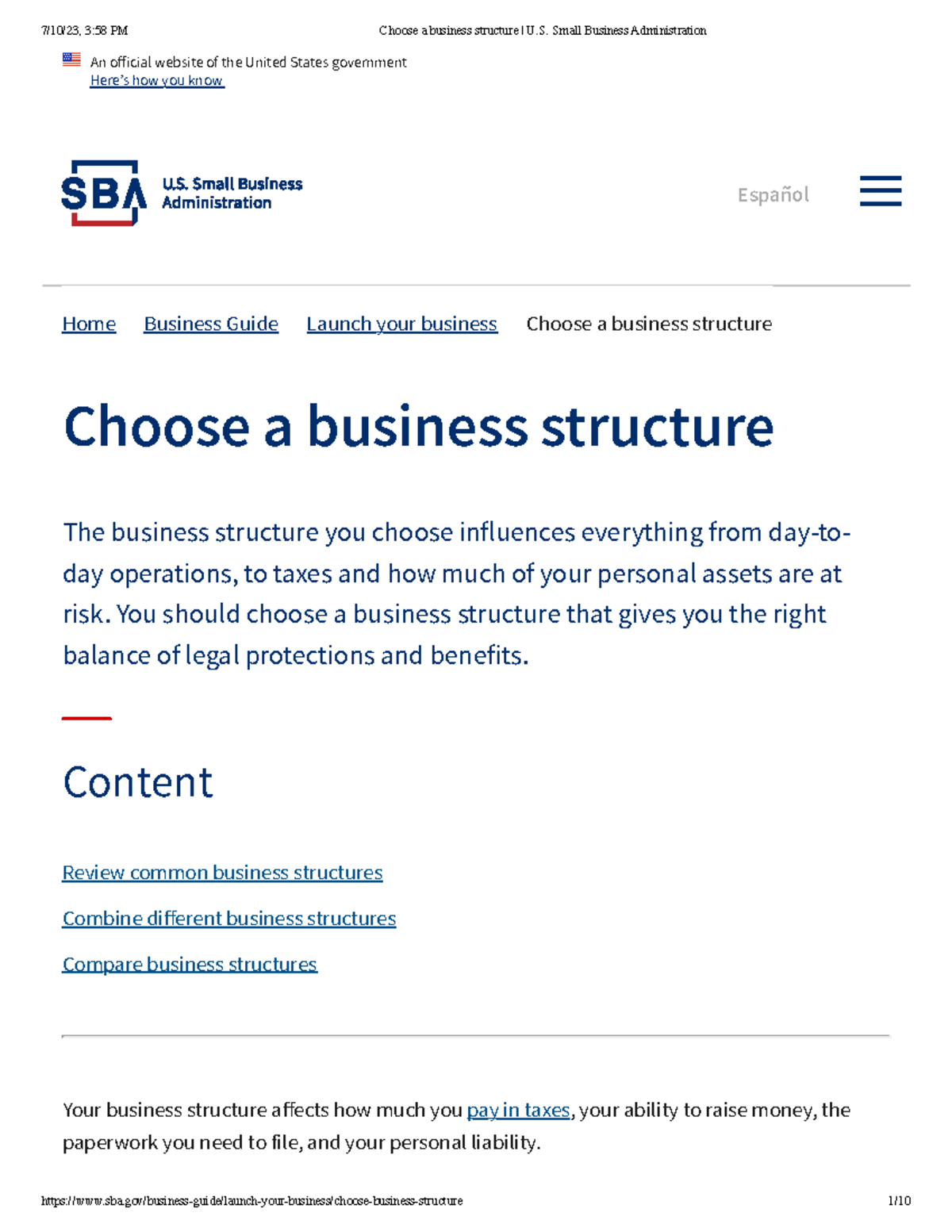 Choosing the Right Business Structure: A Guide from the SBA - Studocu