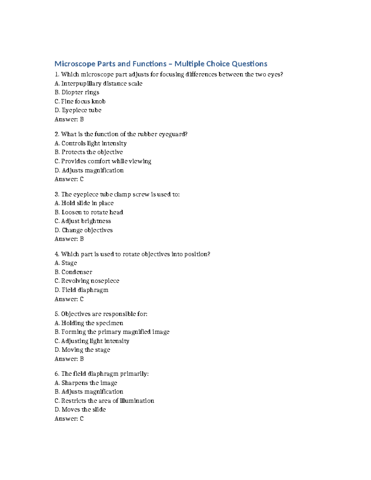 Microscope Parts and Functions MCQ Review (Course Code: MCQ) - Studocu