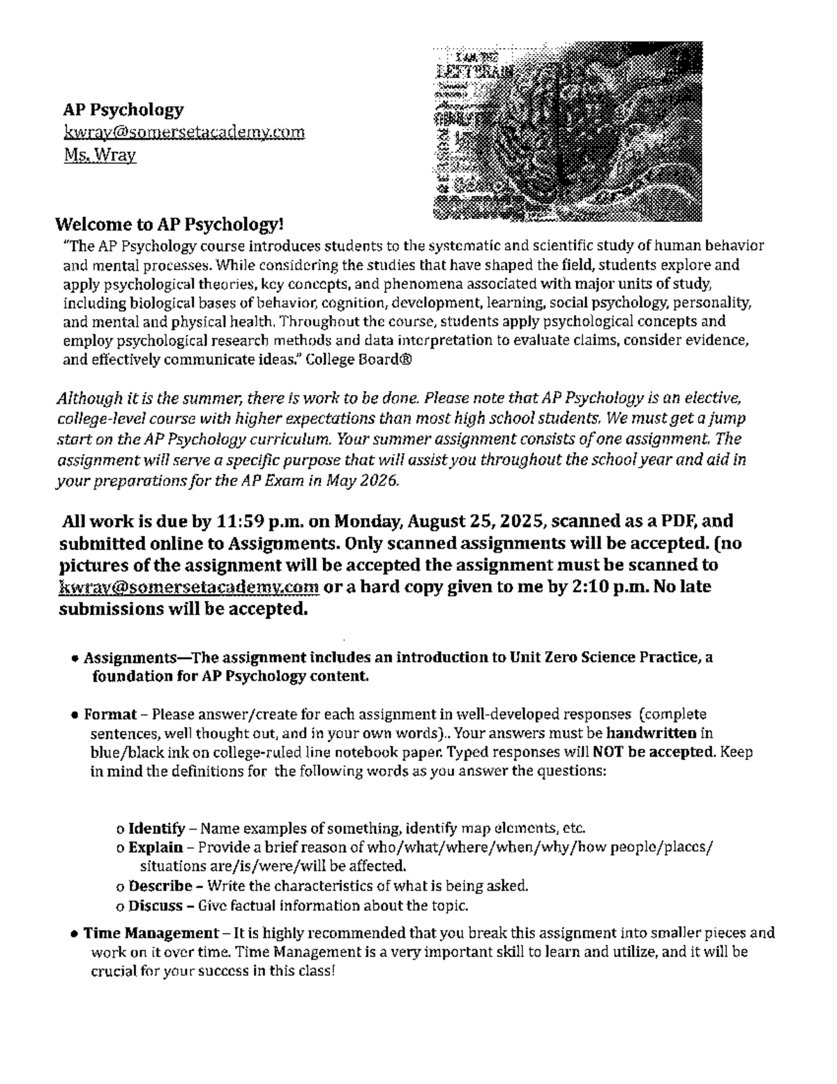 AP Psychology (AWALYT) Summer Assignment Overview & Guidelines - Studocu